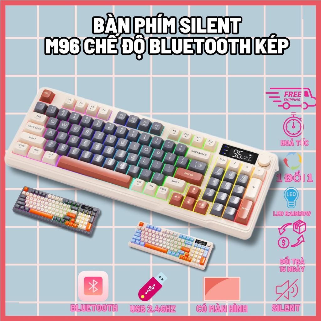 Bàn Phím Không Dây Bluetooth M96 LED 7 Màu Có Màn Hình, 2 Mode, Phím PBT Cao Cấp, Gõ Êm Chống Ồn ...
