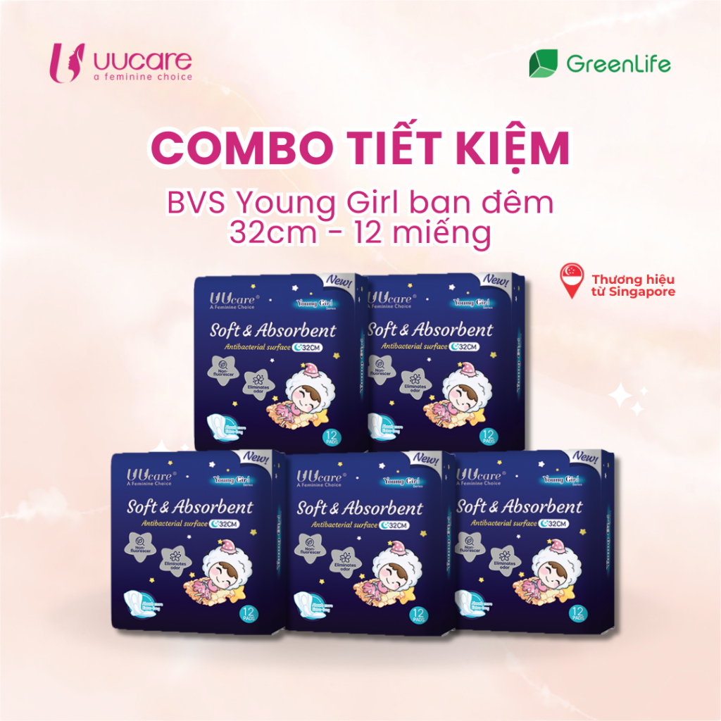 Combo tiết kiệm BVS UUcare Singapore Young Girl ban đêm 32cm 12 miếng ...