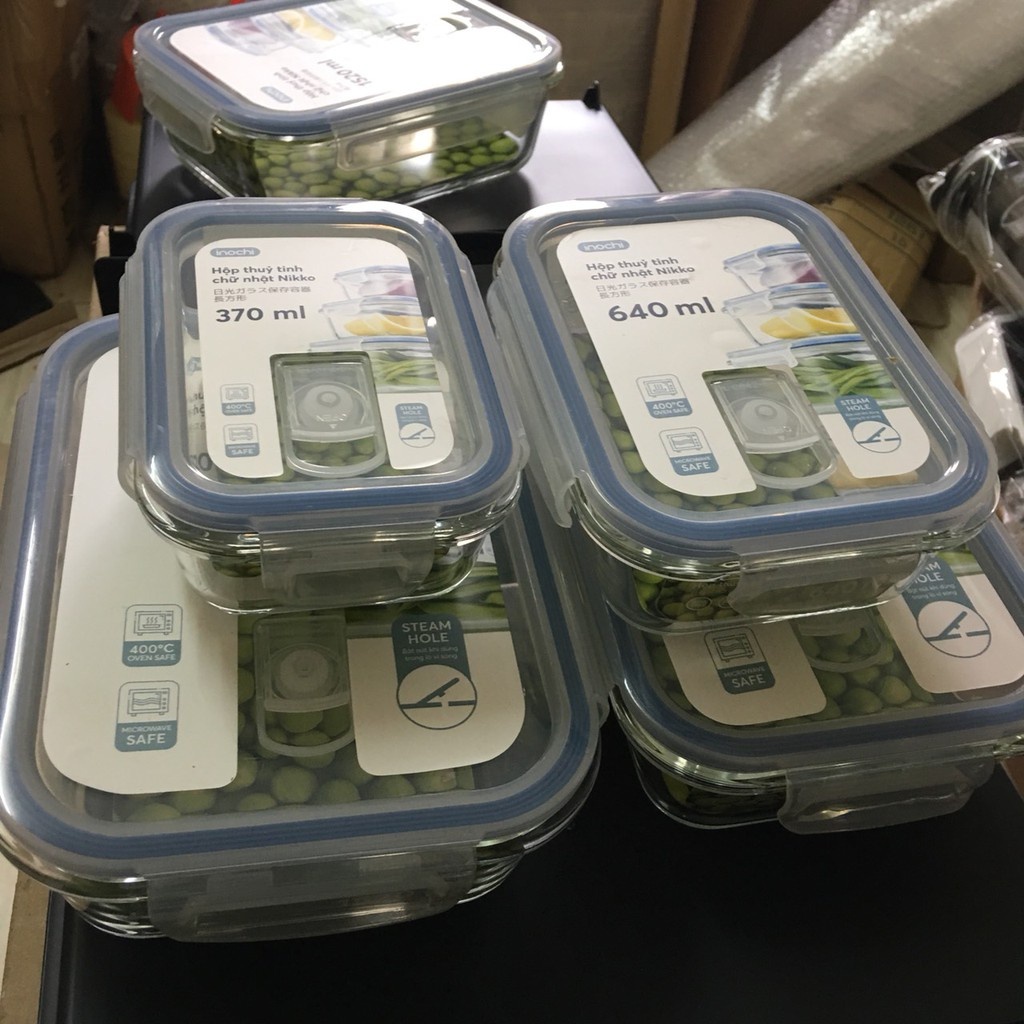 Hộp thủy tinh Nikko Inochi chữ nhật 370ml, 640ml, 1040ml, 1520ml, đựng thức ăn, thực phẩm kháng ...