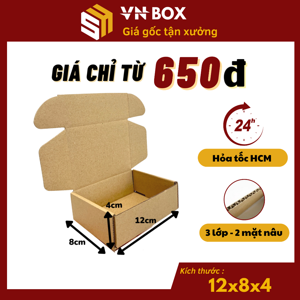 12x8x4 Combo 50 Hộp nắp gài pizza 2 mặt nâu, hộp giấy nắp cài gói hàng ...