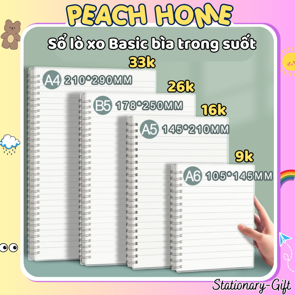 {Rẻ Nhất} Sổ Lò Xo Basic A6 A5 B5 A4 160 Trang Kẻ Caro/Ngang/Trơn Bìa Trong Suốt Vở Tập Note Kép ...