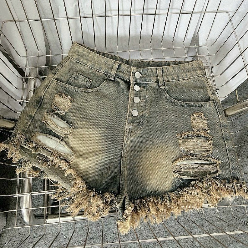 Quần short jean nữ tua lai 4 nút lưng cao ôm body không giãn | Shopee ...