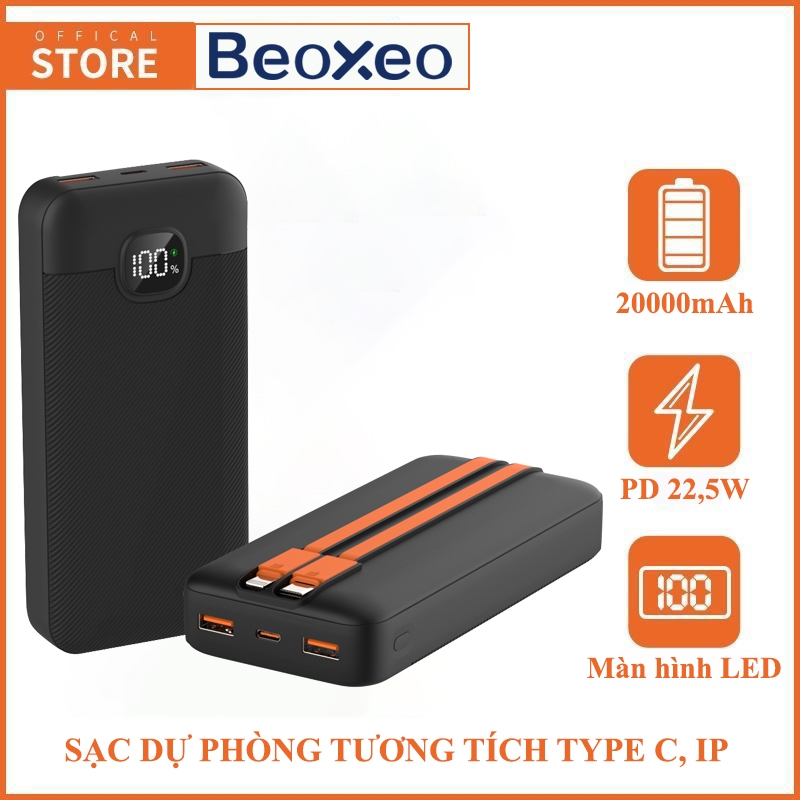 Sạc dự phòng 20000mAh sạc nhanh 22,5W tích hợp dây cáp 3 cổng ra tiện lợi sạc được cho Iphone ...
