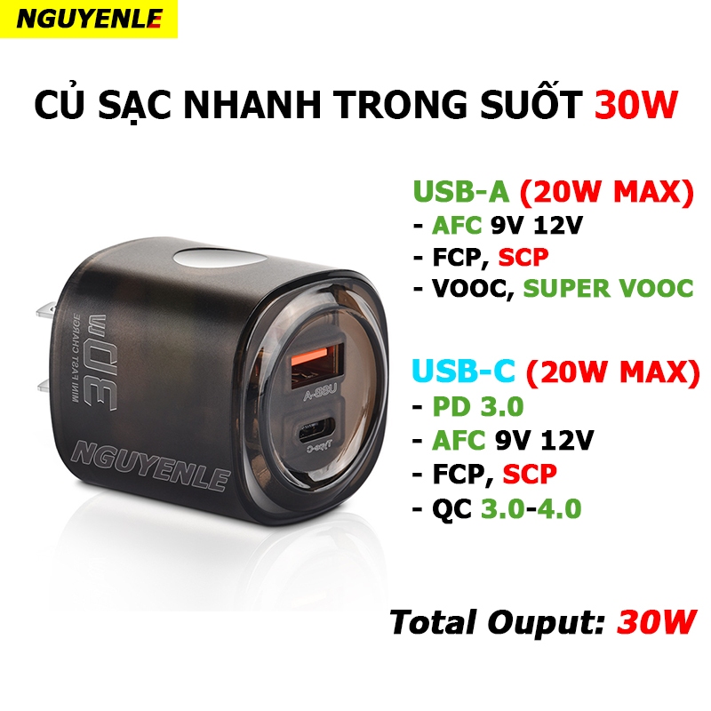 Củ sạc siêu nhanh 30W trong suốt PD 3.0 QC 4.0 Samsung AFC FCP Xiaomi Huawei SCP Oppo VOOC 2025 ...