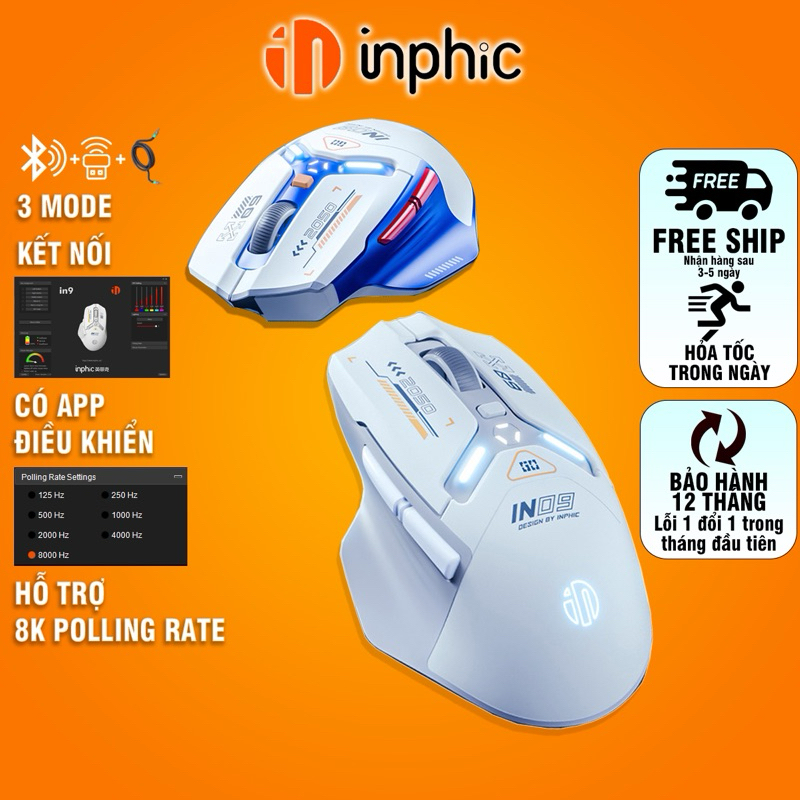 Chuột gaming máy tính INPHIC IN9 Pro hỗ trợ 8k polling rate giá rẻ 3 mode kết nối không dây 2.4G ...
