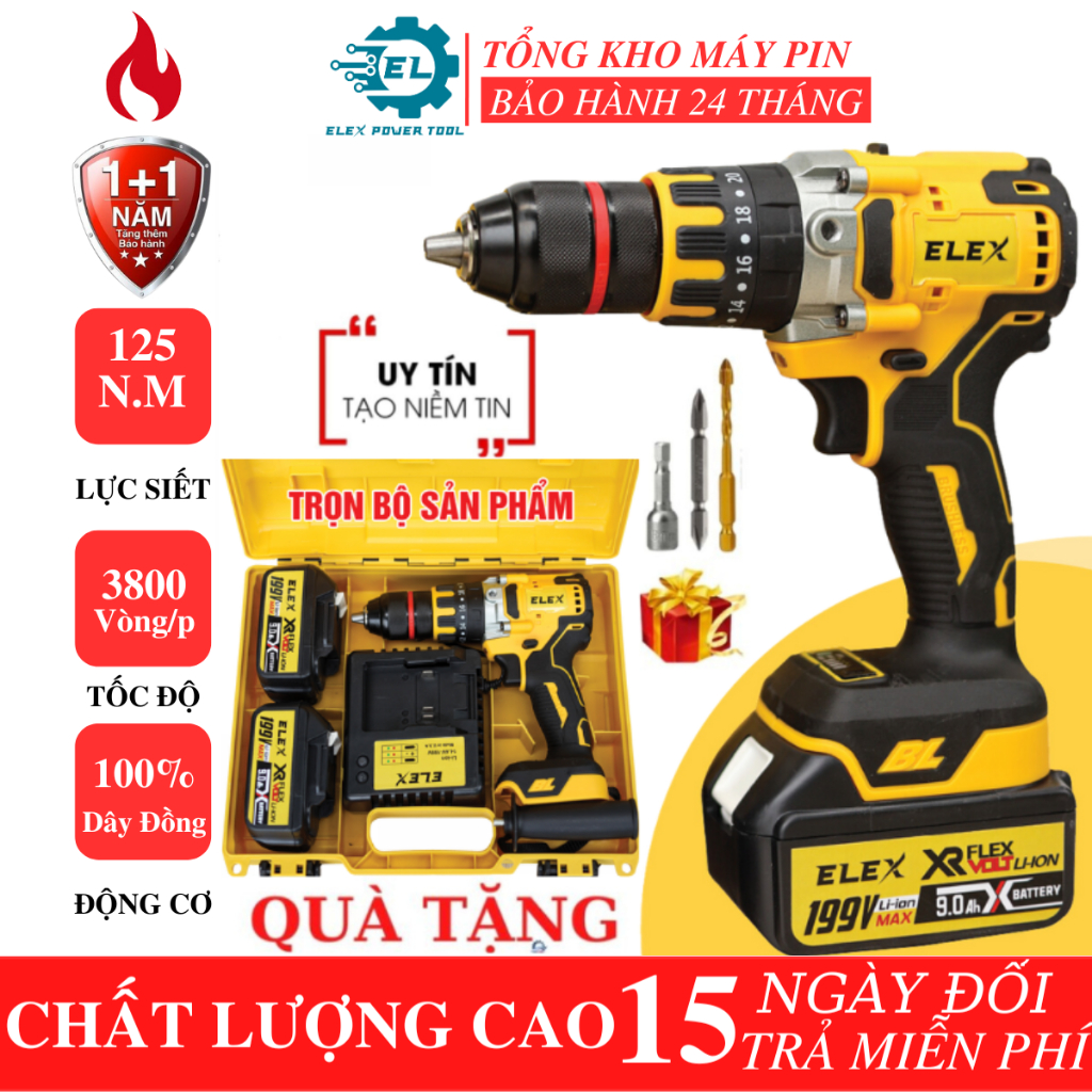 Máy Khoan Pin ELEX 199V không chổi than - 13mm - Khoan pin 3 chức năng có búa tặng kèm bộ mũi ...
