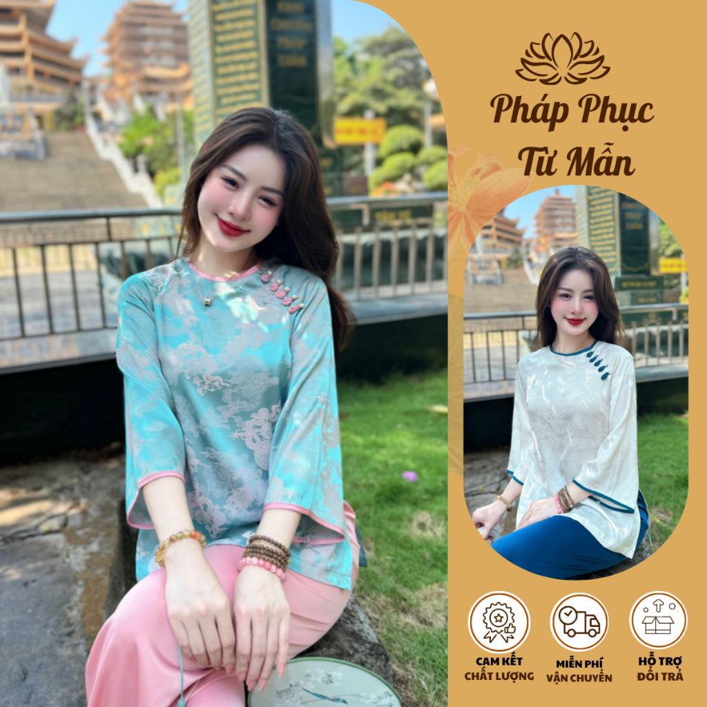 Pháp phục đi chùa cổ tròn khuy tết đính ngọc lụa gấm hình rồng Đồ lam đi chùa tay lỡ Set bộ đi ...