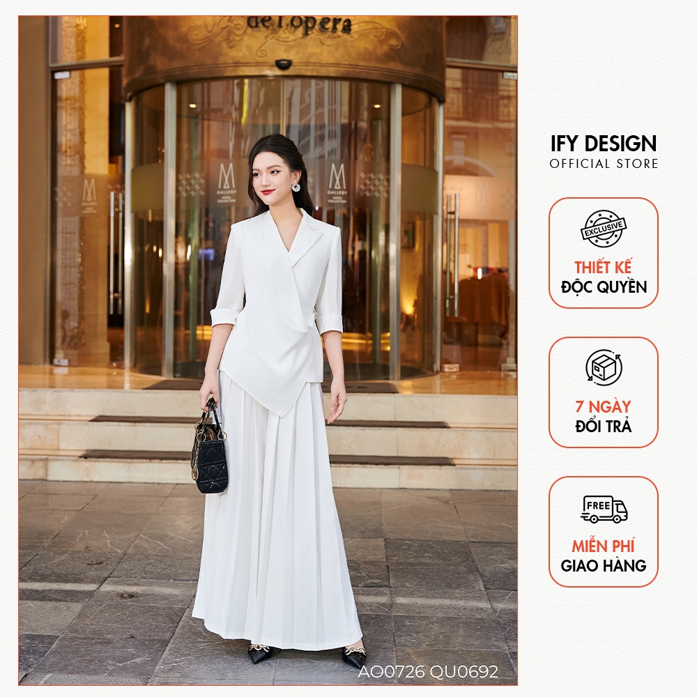 Set áo lụa cổ ve phối tà xếp đổ tay lỡ, quần xếp ly cạp cao cài khóa ...