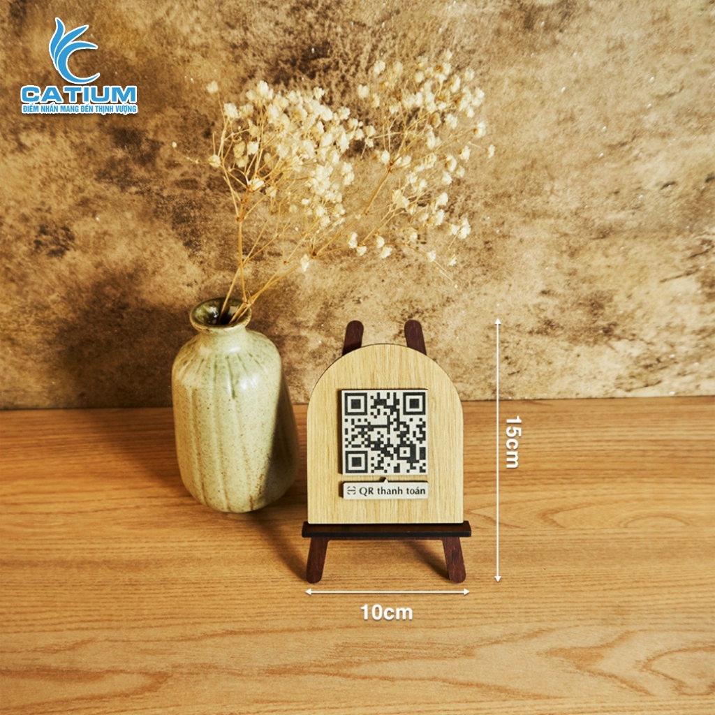 Bảng quét mã QR ngân hàng để bàn bằng gỗ nhỏ gọn dễ thương (có kèm chân ...