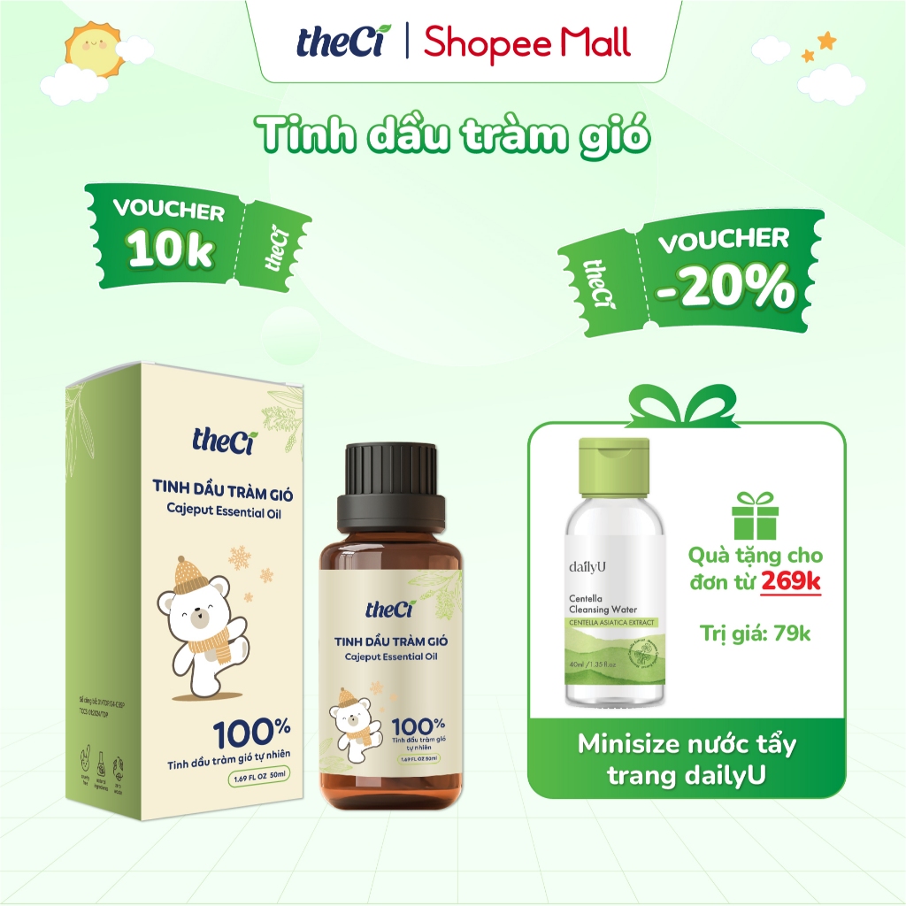 Tinh dầu tràm nguyên chất Theci 50ml, giữ ấm cơ thể, phòng ngừa cảm lạnh bảo vệ hô hấp cho trẻ ...