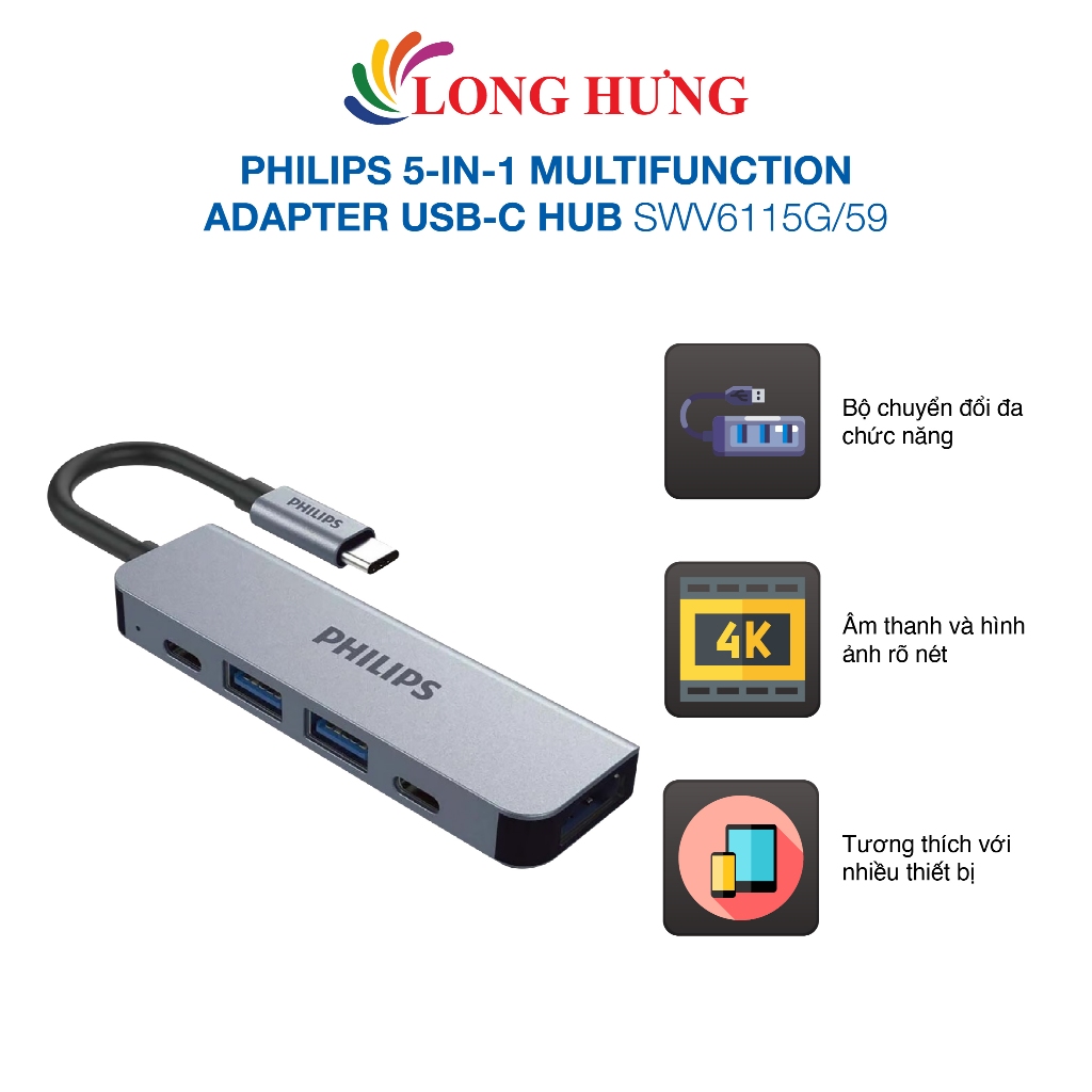 Cổng chuyển đổi Philips 5-in-1 Multifunction Adapter USB-C Hub SWV6115G ...