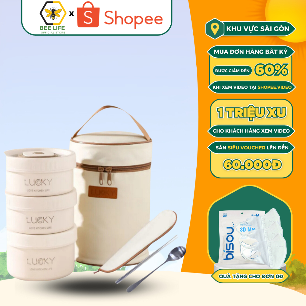 Hộp đựng cơm giữ nhiệt văn phòng lúa mạch Lunch box 3 tầng Inox 304 ...