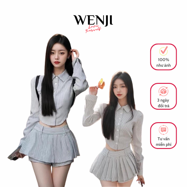 Set áo sơ mi kẻ sọc dài tay kèm quần váy xếp ly WENJI STORE Set đồ nữ ...