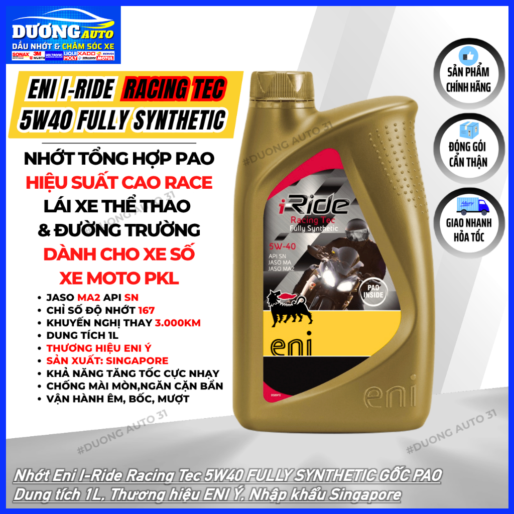 Nhớt xe số Eni I-Ride Racing Tec 5W40 SN MA2 Fully Synthetic Gốc PAO, ENI Ý, Nhập Singapore, eni ...