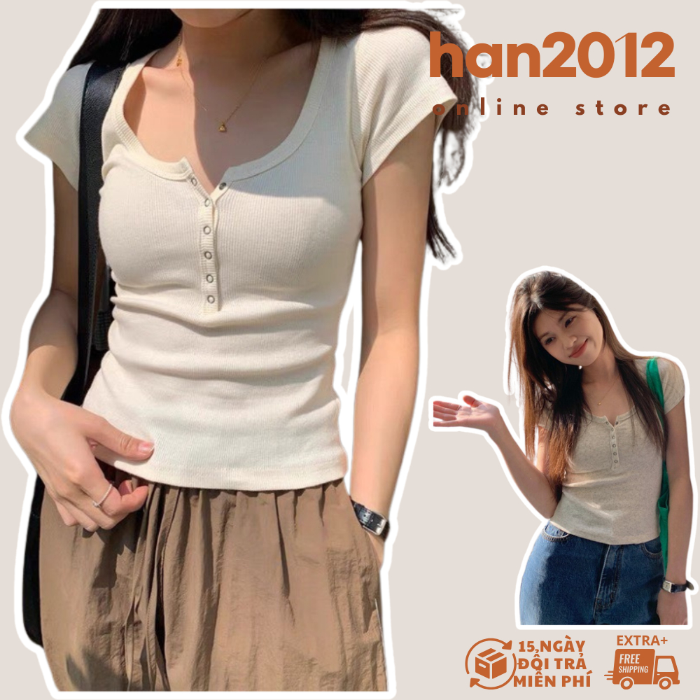 Áo thun ôm body cổ vuông cúc bấm form baby tee dáng croptop tay ngắn Chất Tăm Gân Co Giãn ...