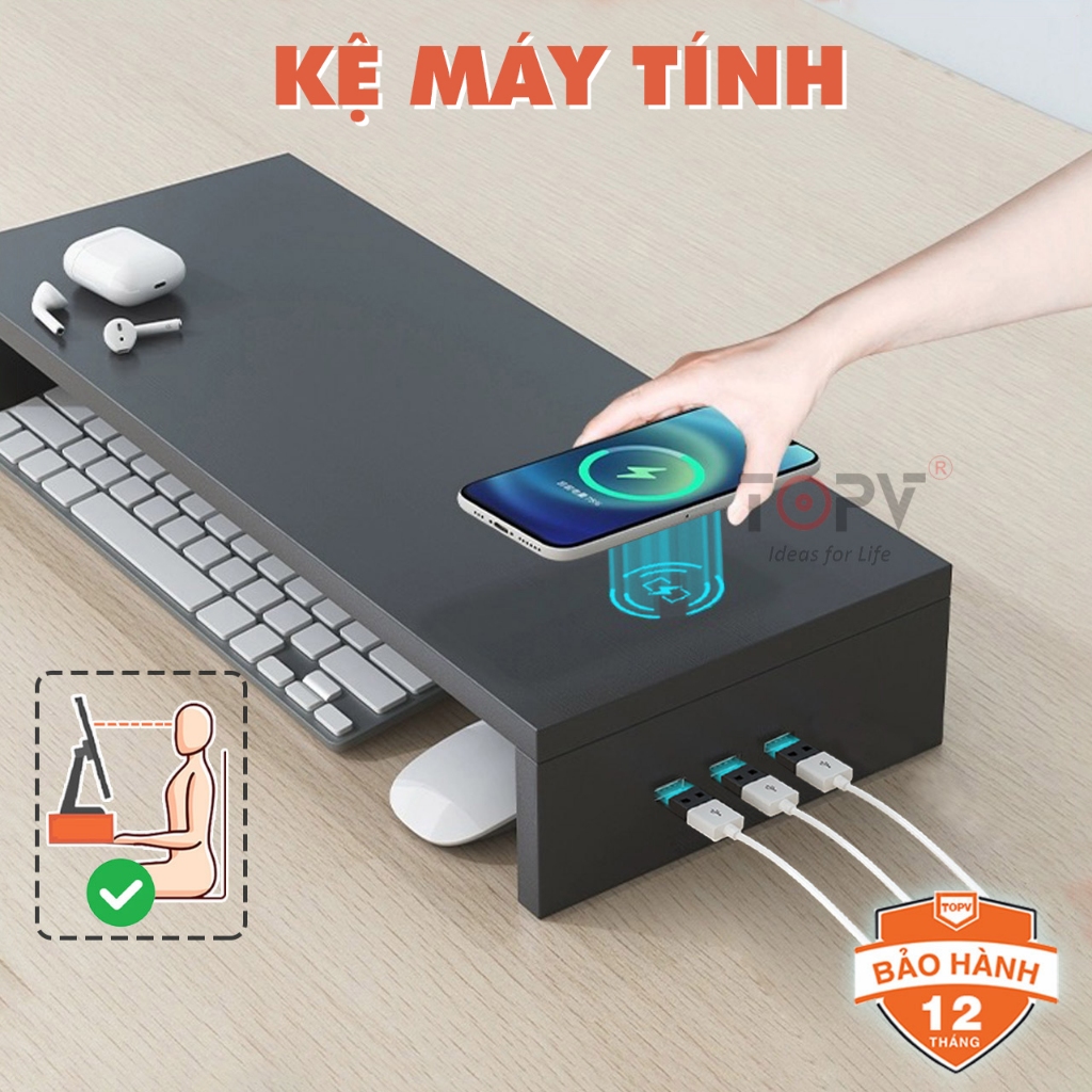 Kệ máy tính gỗ TopV để bàn giá đỡ laptop nâng pc 1 2 tầng trắng kệ màn hình decor bàn học kê vi ...