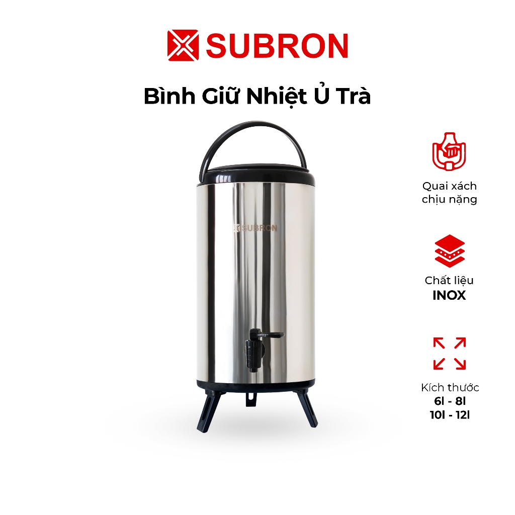 Thùng giữ nhiệt inox ủ trà sữa 3 lớp giữ nóng lạnh Subron 6L 8L 10L 12L ...