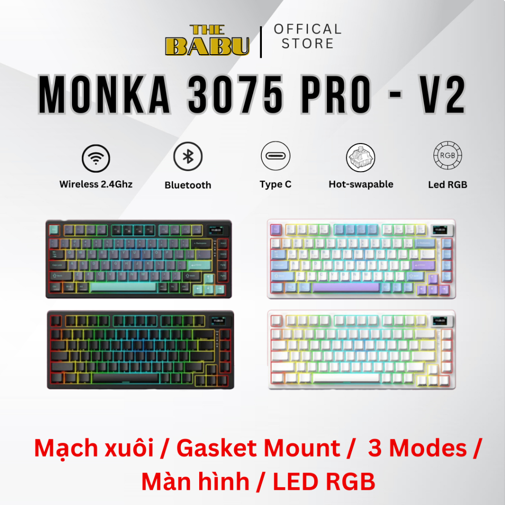Bàn phím cơ Monka 3075 V2 Pro Mạch Xuôi (Led RGB, Kết Nối 3 Mode, Màn ...