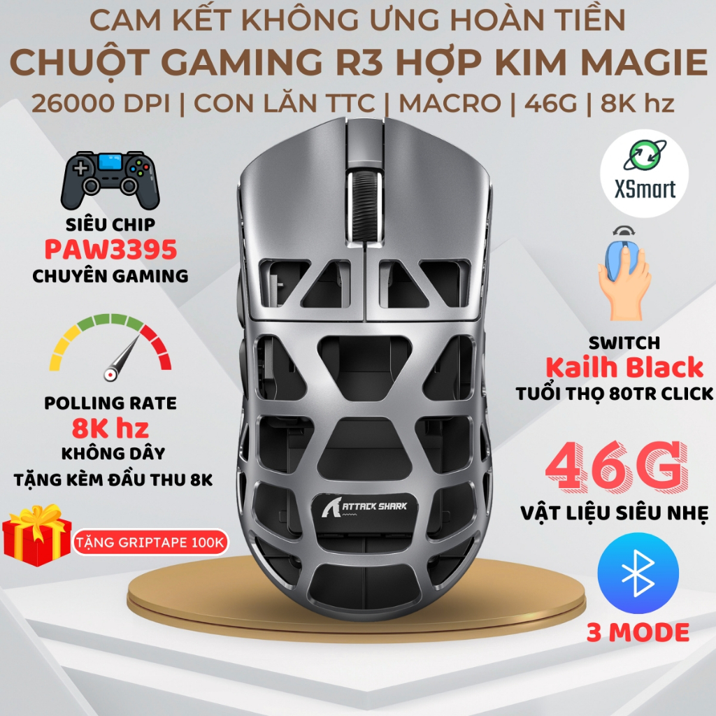Chuột Bluetooth Attack Shark R3 Hợp Kim Magie Polling Rate 8K Không Dây ...