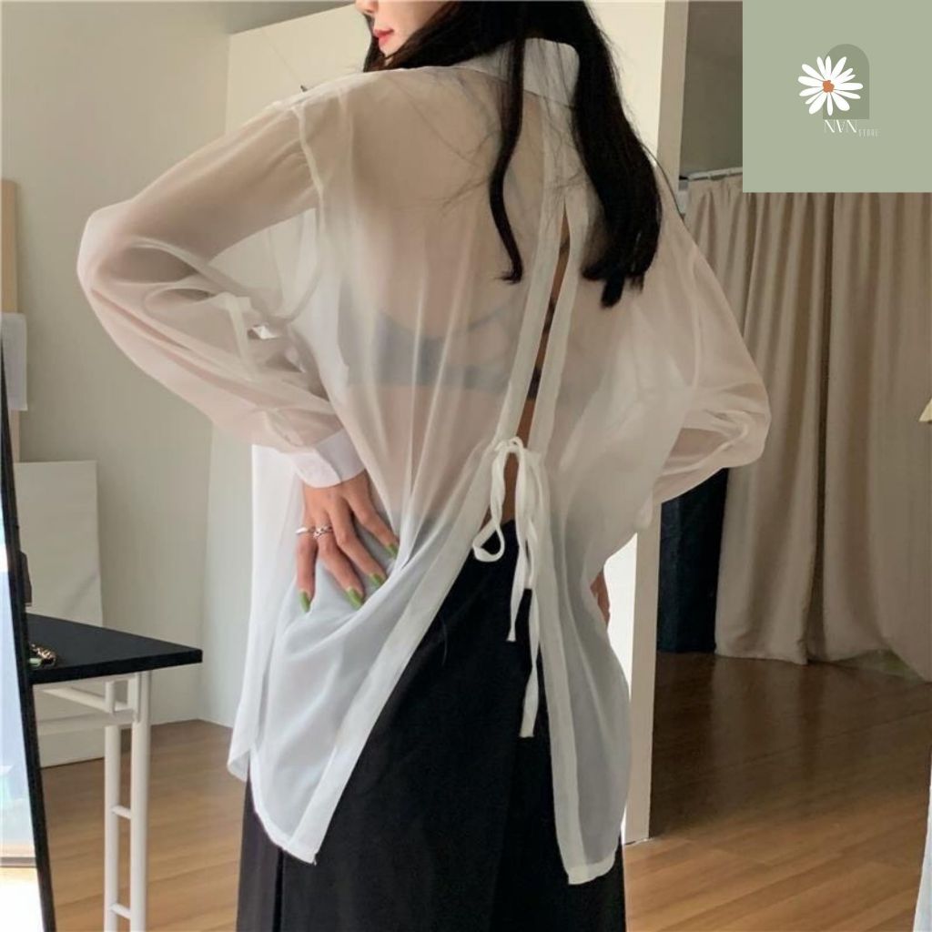 Áo Sơ Mi Nữ Cổ Bẻ, Áo Khoác Mỏng Tay Bồng From Rộng Dáng Dài Phối 2 Tà Xẻ Lưng 6 Màu Hottrend ...