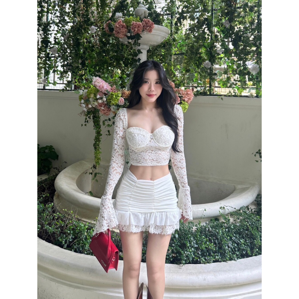 Set Áo Ren Màu Trắng/Đen, Chân Váy Ren Nhún Tăm Siêu Xinh | Shopee Việt Nam