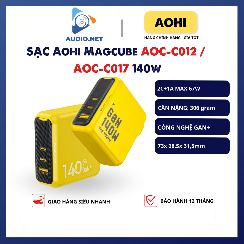 Cốc Sạc Aohi Magcube hiệu suất 140w mã hiệu AOC-C012/AOC-C017 (3 Cổng) hỗ trợ PD3.1/PPS/IQ4 ...