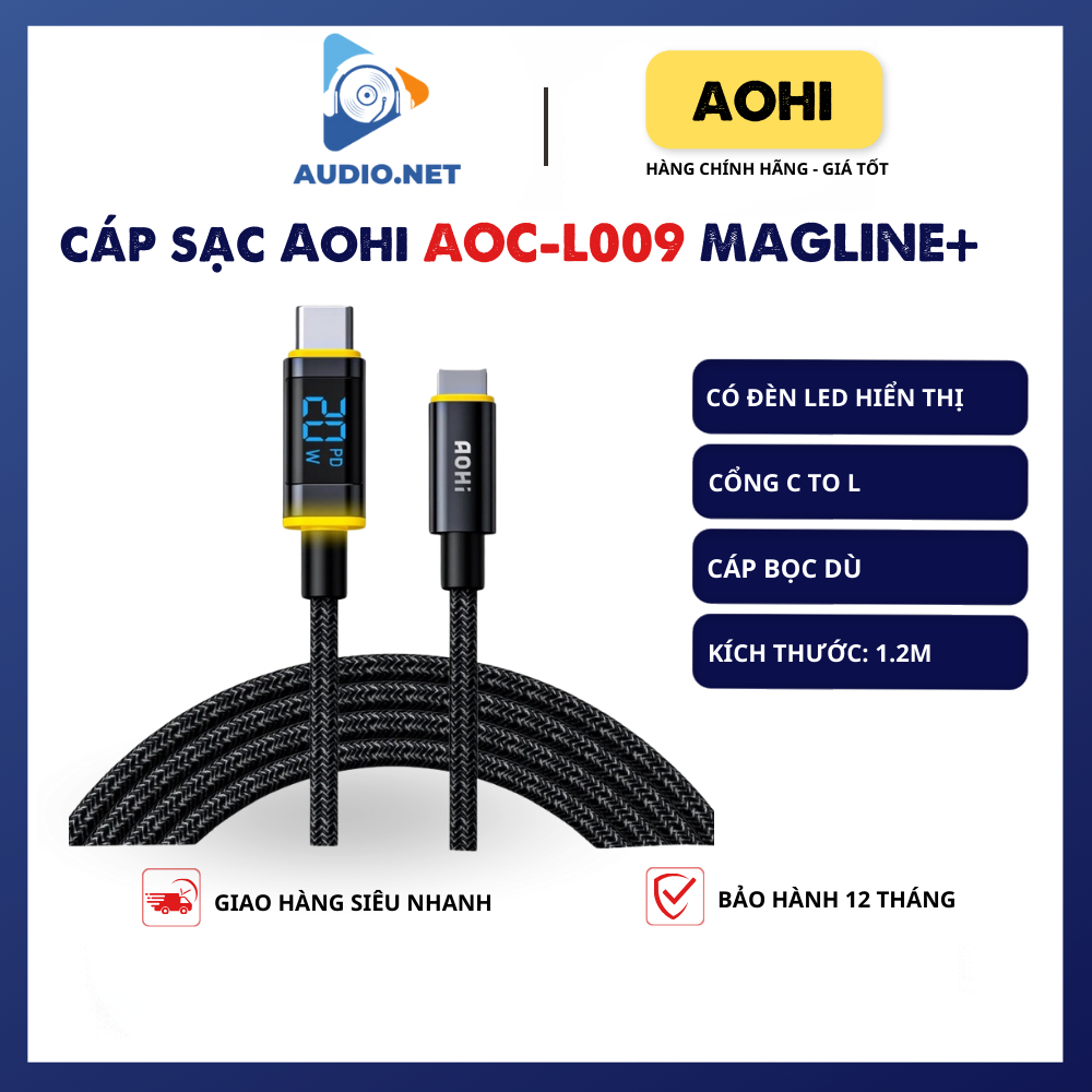 Cáp Aohi bọc dù Magline Pro+ C To L 1.2m hiệu suất 27w mã hiệu AOC-L009 Có Màn Hình hiển thị ...