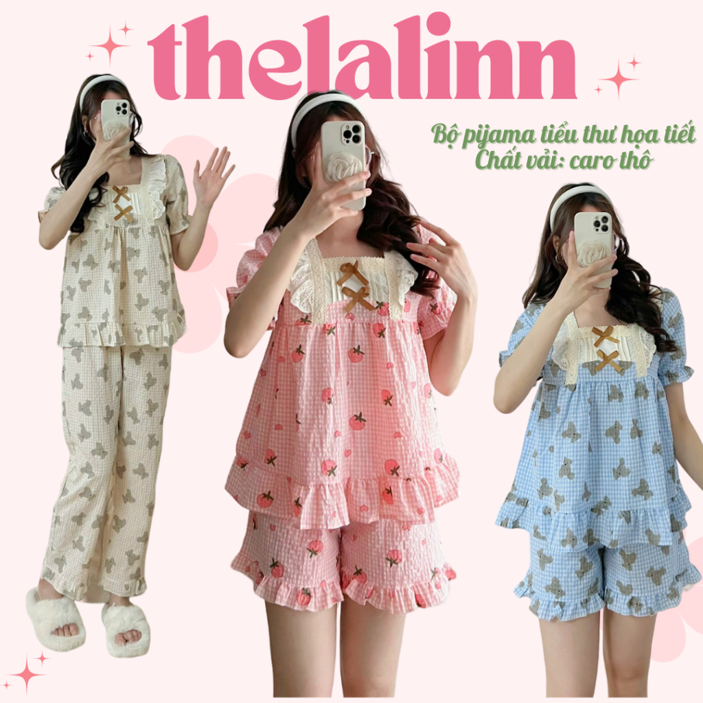 [ẢNH THẬT] Set pijama tiểu thư kẻ caro in hoạ tiết phối ren xếp ly ...