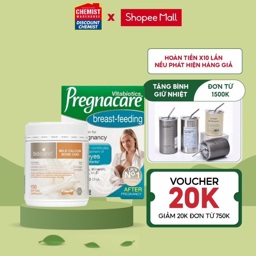 Combo Lợi Sữa Cho Mẹ Sau Sinh Pregnacare Breastfeeding Canxi Bioisland Bổ Sung Canxi Dha Và