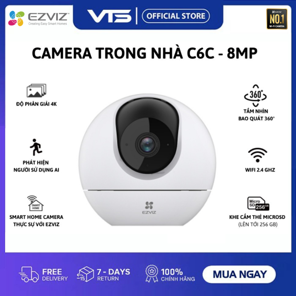 Camera Wifi EZVIZ C6C 4K 8MP Xoay 360 Độ, Đàm Thoại 2 Chiều, Theo Dõi Chuyển Động - C6C 8MP ...