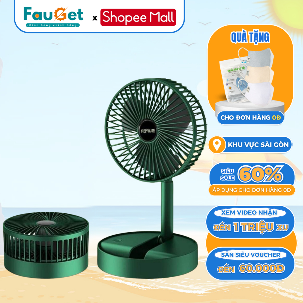 Quạt Mini Tích Điện FAUGET Để Bàn Gấp Gọn Kéo Dài Sạc Pin 3 Cấp Độ Gió ...