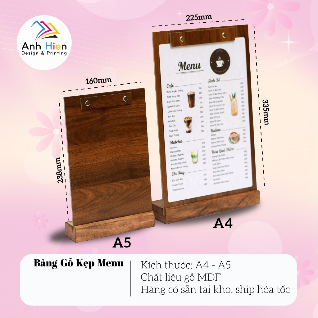 menu gỗ size A5, bảng gỗ kẹp menu a5, standee menu a5, menu gỗ để bàn ...