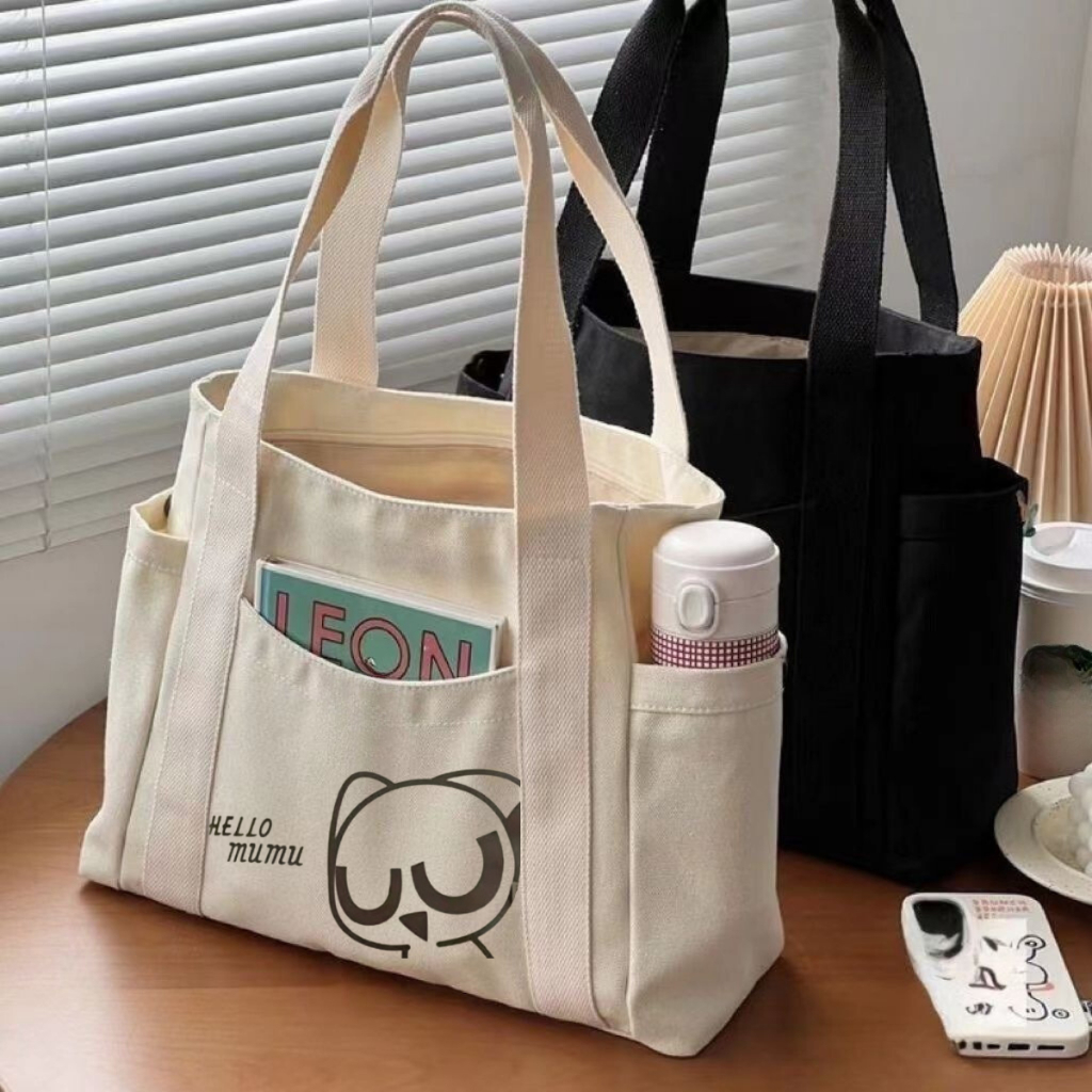 Túi tote HELLO mumu có khóa kéo miệng, hình in kute vừa sách vở A4 ...