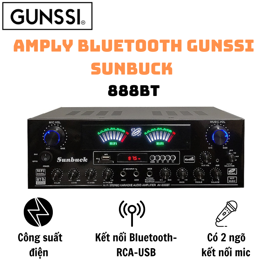 Amply bluetooth SUNBUCK AV-888BT công suất đỉnh dễ dàng bố trí cùng hệ thống loa karaoke gia ...