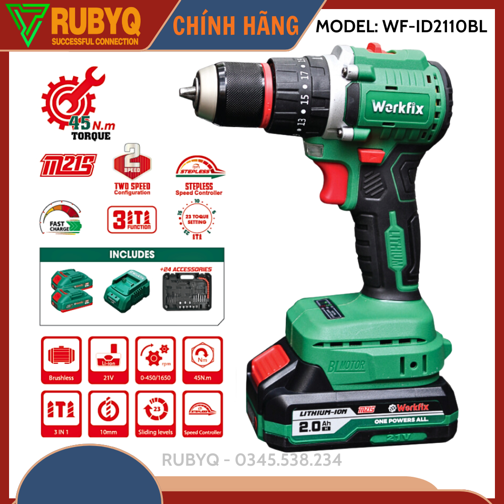 RubyQ Máy khoan pin WORKFIX 21V WF-ID2110BL động cơ KHÔNG CHỔI THAN ...