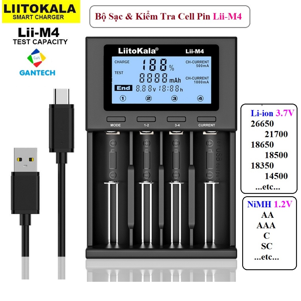 Bộ Sạc Pin Liitokala Lii-M4 Lii-M4S Cho Pin Li-ion 26650 21700 18650 ...