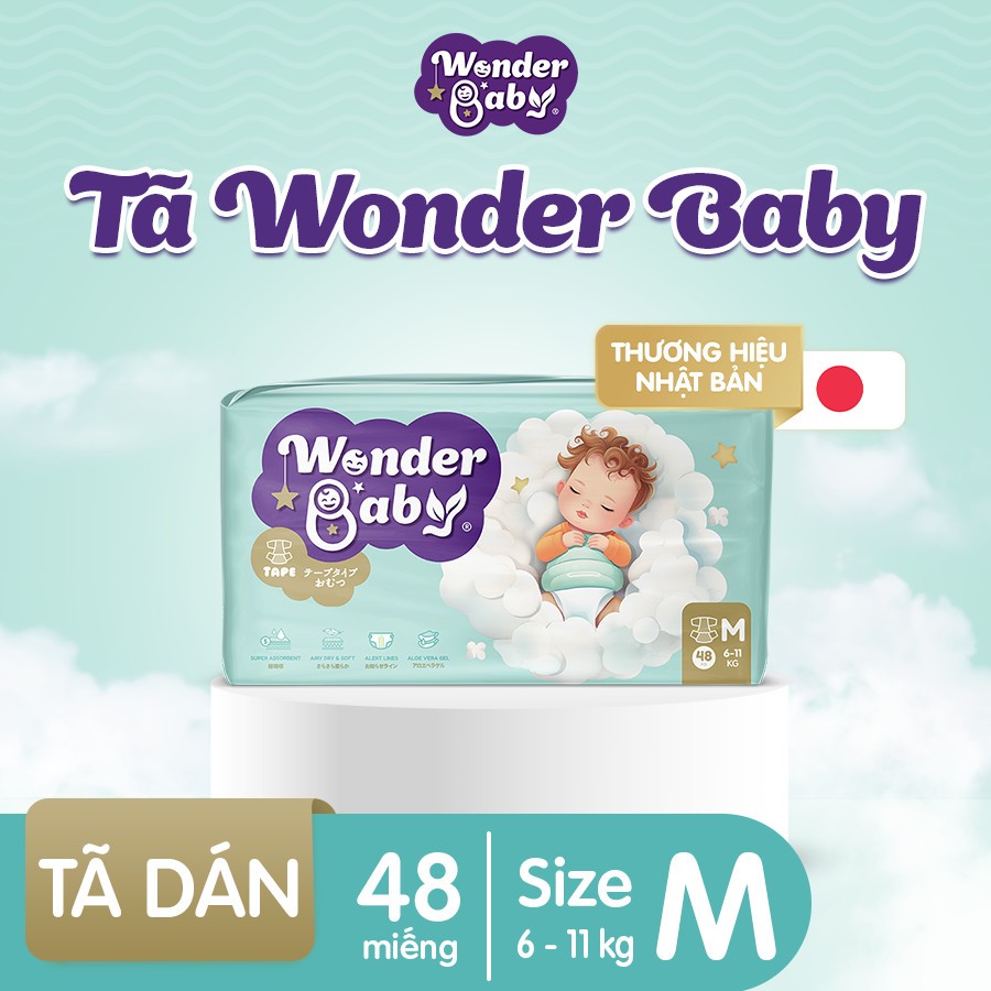 Tã dán Nhật Bản Wonder Baby, 5 lớp siêu thấm hút, size M (48 miếng/gói ...