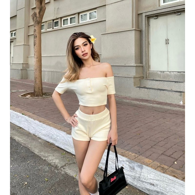 LilbyyLil-Set áo babi crop trễ vai và quần | Shopee Việt Nam