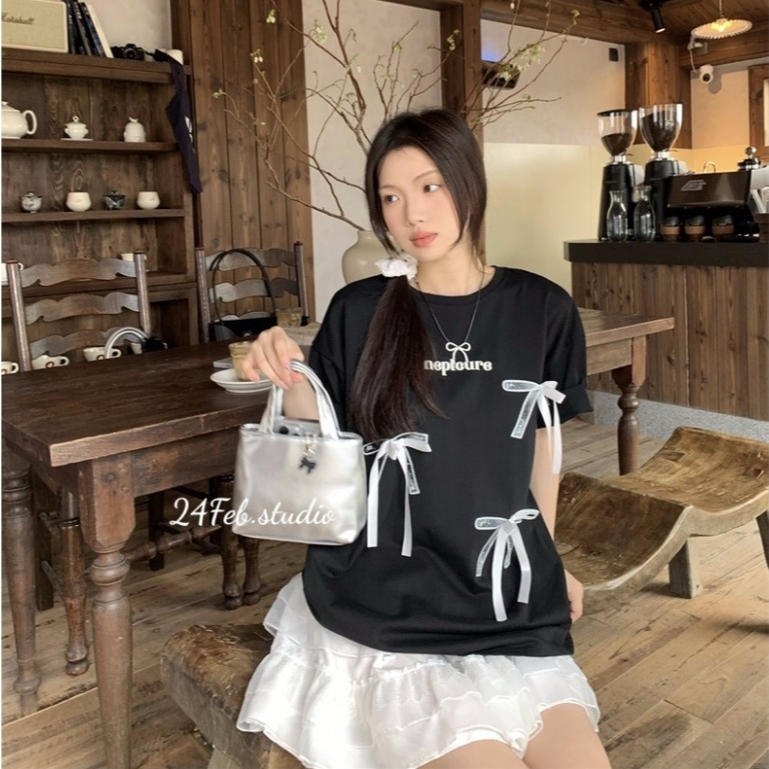 [APN40] Áo phông cotton tàu in + đính nơ form rộng phong cách Coquette ...