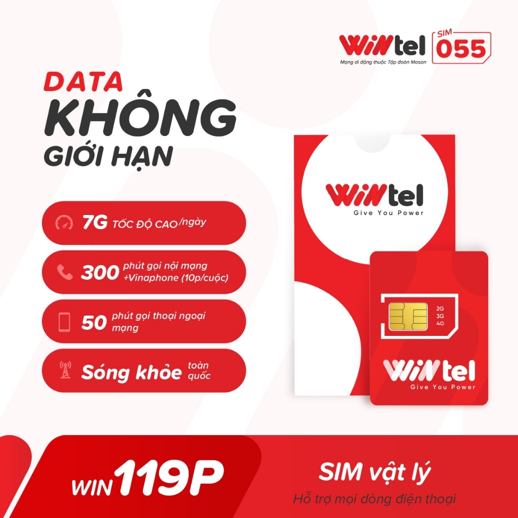 Sim WINTEL WIN119P Data 4G Tốc Độ Cao 7GB/Ngày. Phát WIFI Không Giới ...