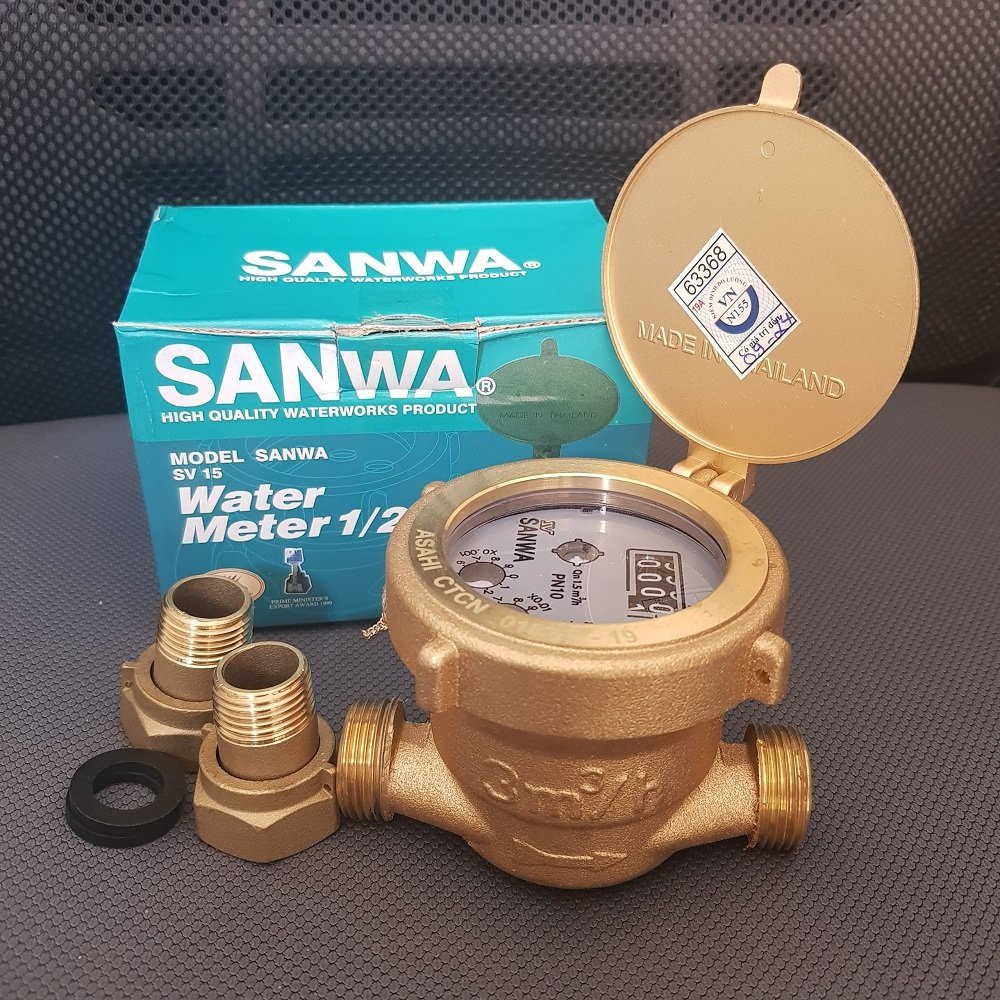 Đồng Hồ Nước Sanwa 1/2" SV15, Ren 21mm Chính Hãng Nhập Khẩu Thái Lan (Có Kèm Kiểm Định + 1 Cặp ...