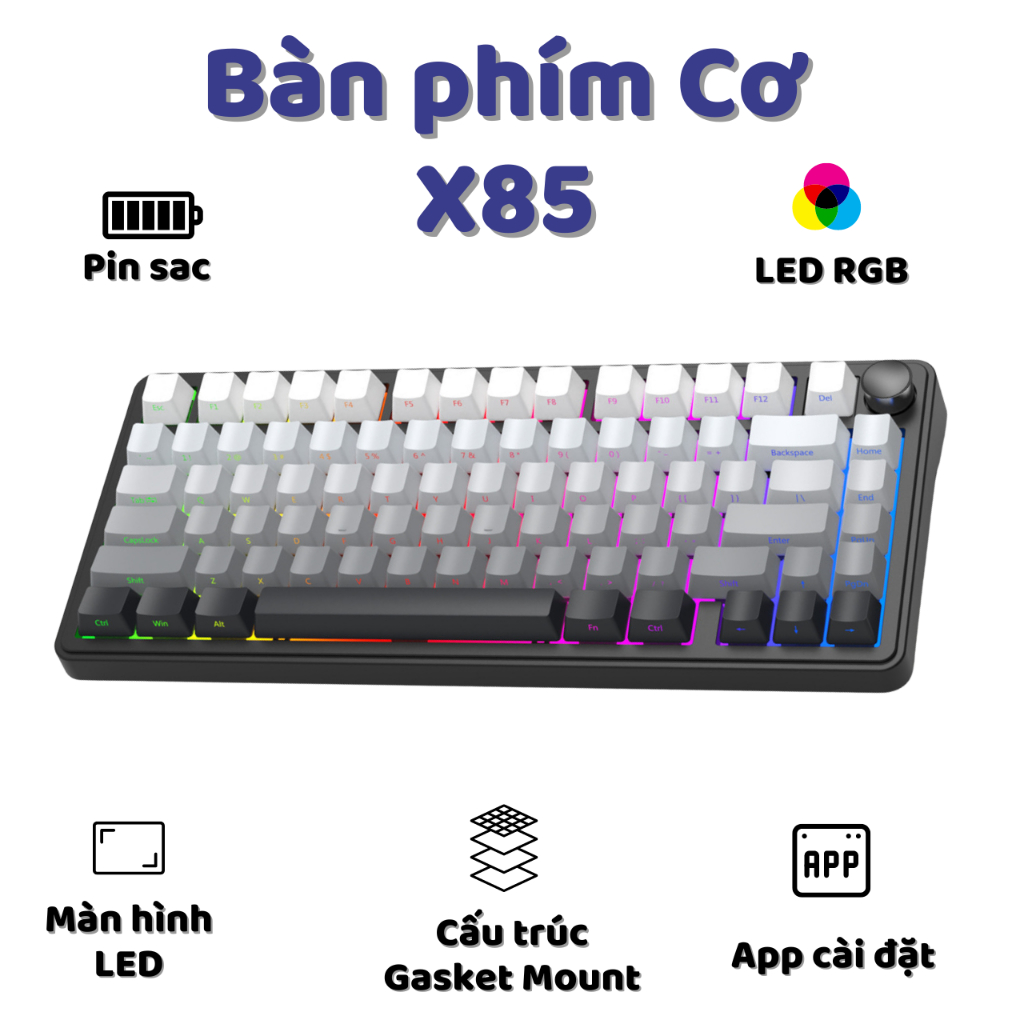 Bàn phím cơ không dây Attack Shark X85 - Led RGb - Gasket Mount - Có hot-swap - Mạch 5 pin - Màn ...