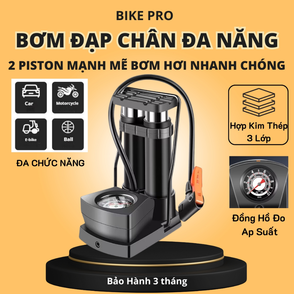 Bơm Đạp Chân Xe Đạp Xe Máy BIKE PRO 2 Ống Xi Lanh 160 PSI Bơm Hơi Đạp Chân Có Đồng Hồ Đo Áp Suất ...