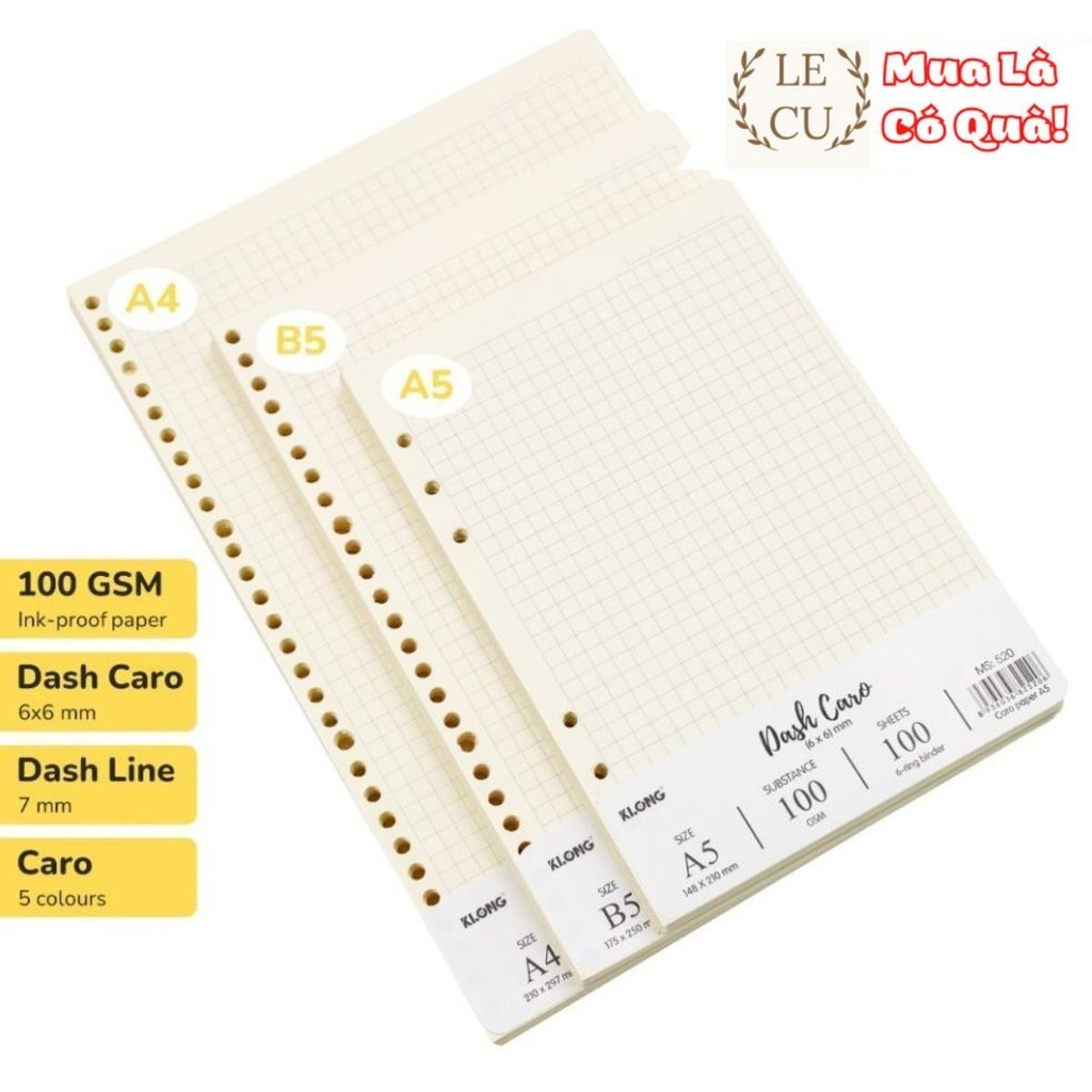 [Siêu Sale] Ruột sổ còng giấy refill KLONG 100GSM Dash Caro Dash Line A5 B5 A4 200 trang ...