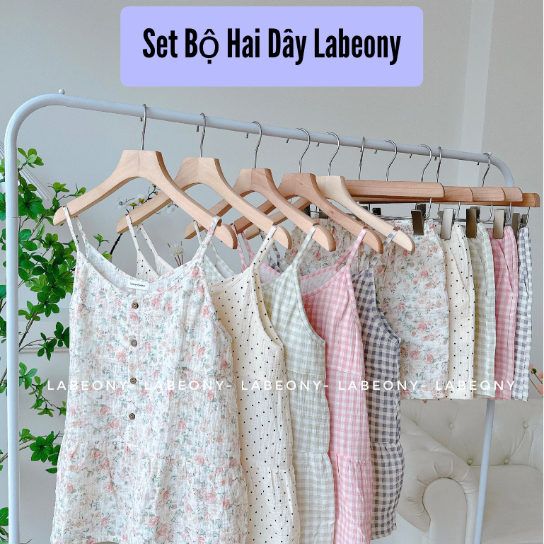 Set 2 dây 3 tầng bộ mặc nhà caro xô muslin Labeony | Shopee Việt Nam