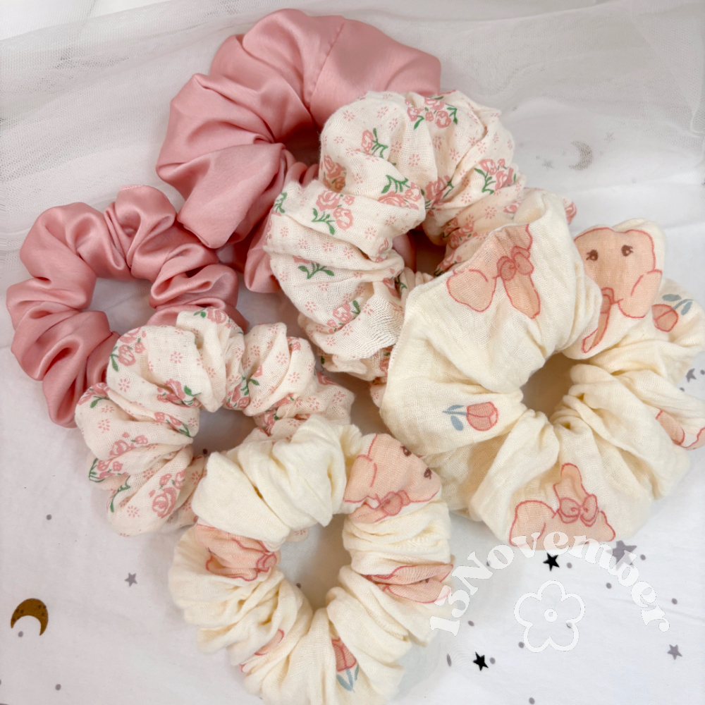 [SIÊU TO] Scrunchies Set Cột Tóc Vải Hoạ Tiết Thỏ Hoa Hồng Vintage Size Lớn Dễ Thương Phồng To ...