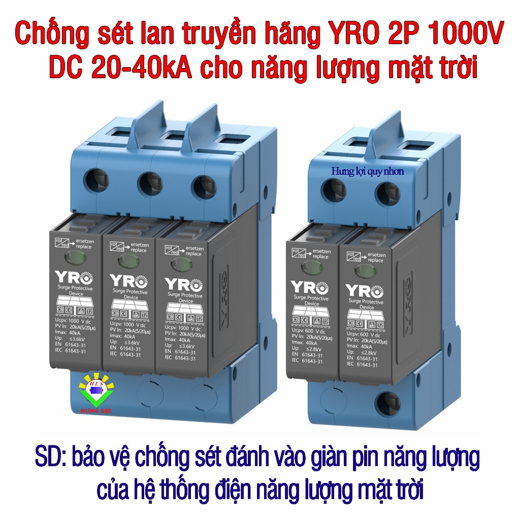 Chống sét YRO 2P 1000V DC 20-40kA dành cho tủ điện năng lượng mặt trời ...