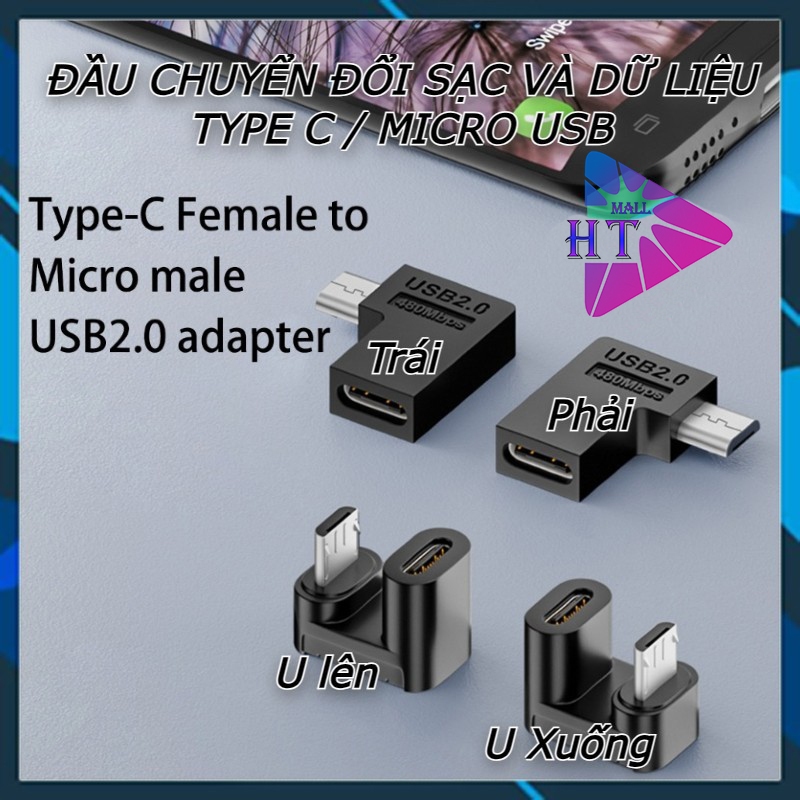 Đầu chuyển Ttype C sang Micro USB 2.0 sạc và truyền dữ liệu chuyển góc cho điện thoại latop ...