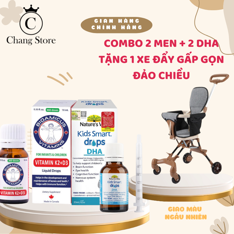 [TẶNG XE ĐẨY GẤP GỌN] Combo 2 lọ D3k2 Bioamicus và 2 lọ vitamin bổ sung ...