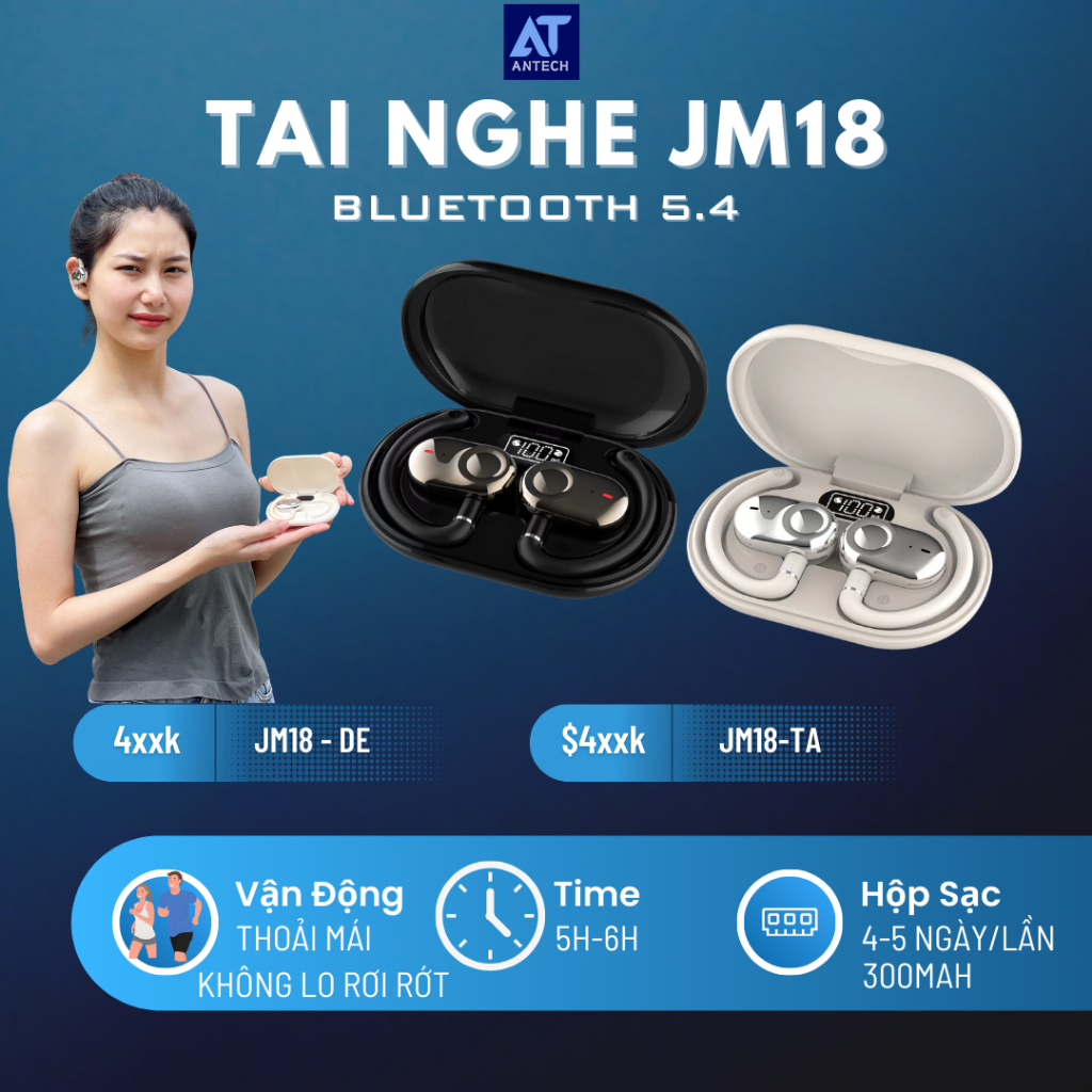Tai nghe Bluetooth thể thao JM18, không đau tai, đeo vành, vận động ...